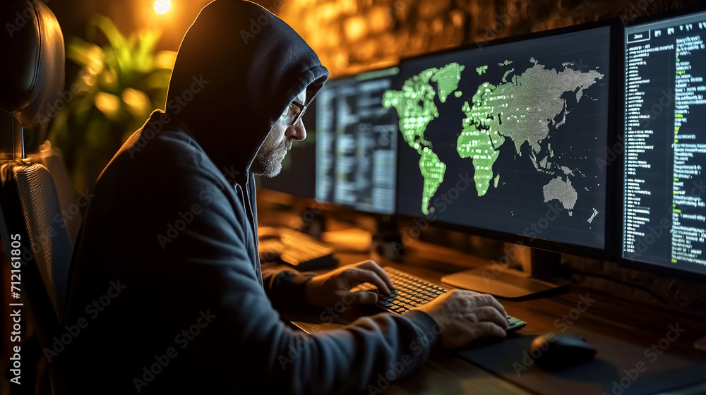 person in a hoodie is working on a computer with a world map and data ...