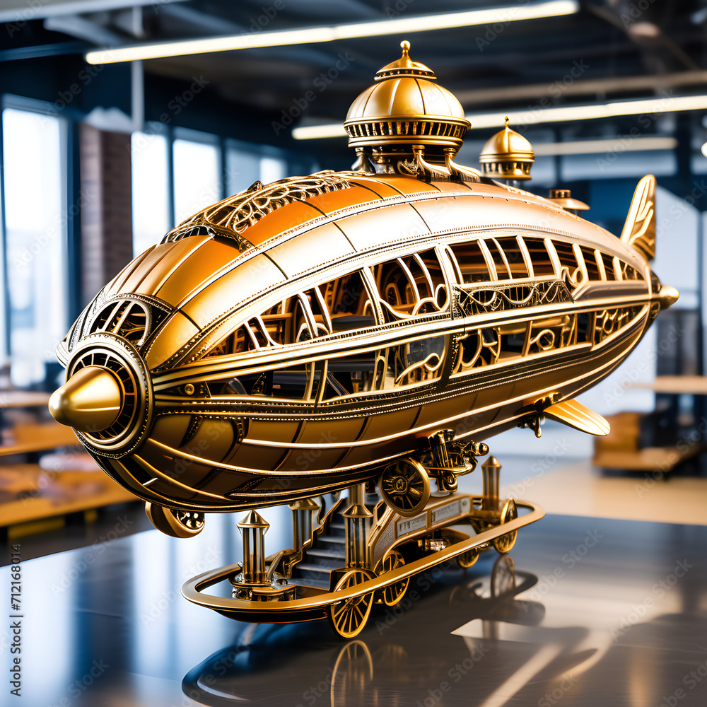 Hyper-realistic mechanized conventional steampunk zeppelin model with complicated machinery and ...
