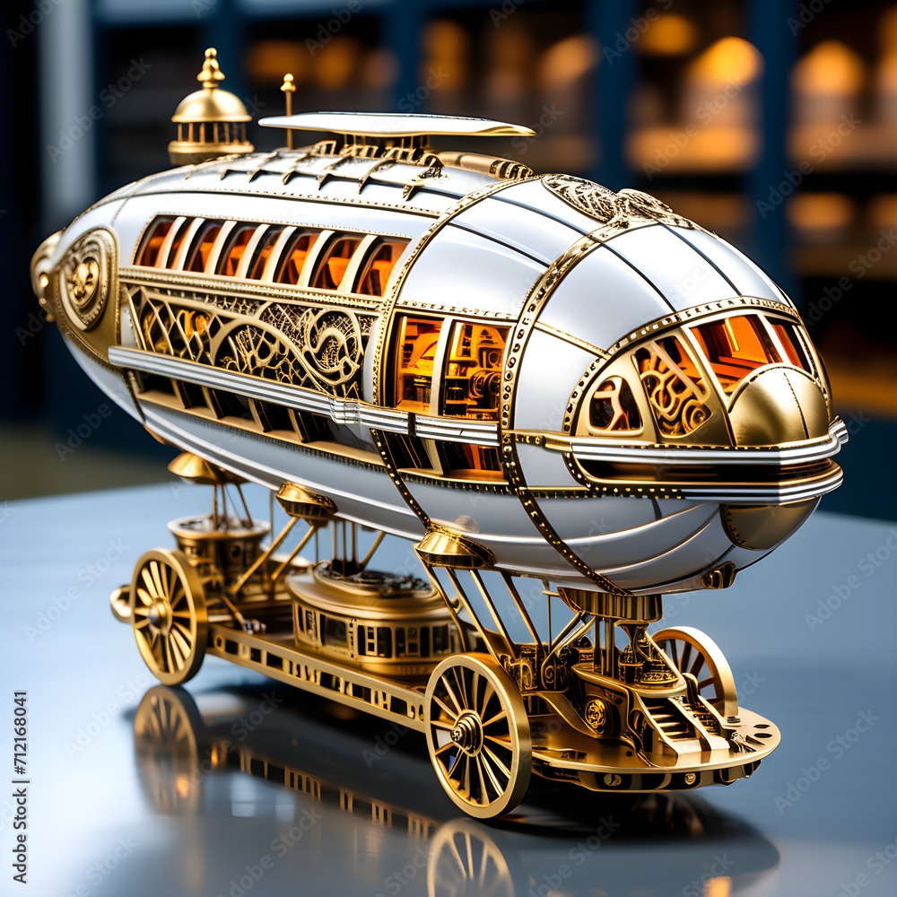 Vintage, hyper-realistic fantasy zeppelin mechanical model with ...