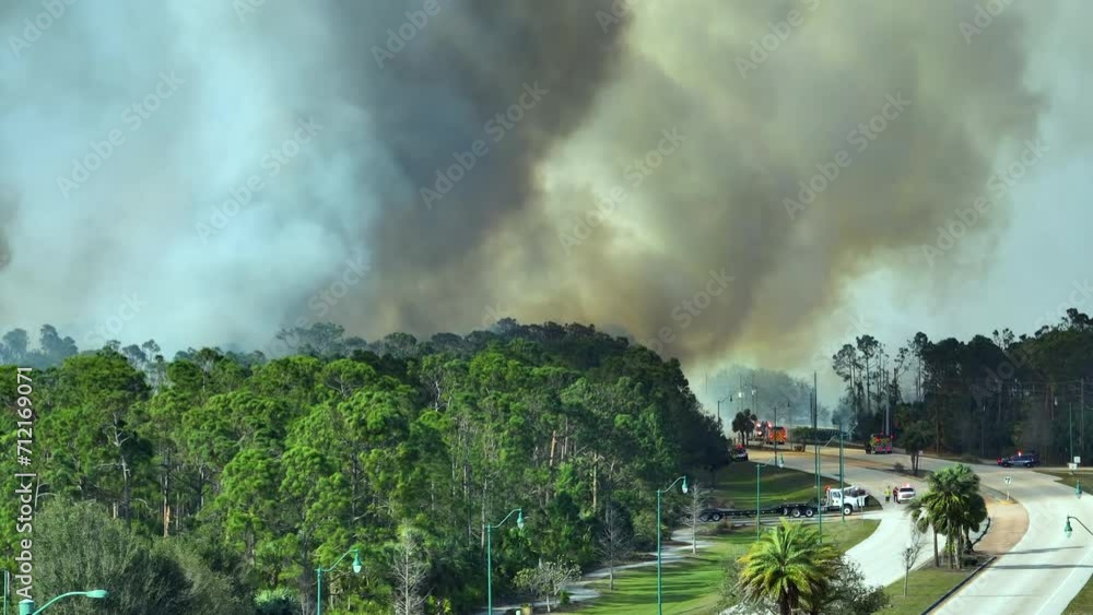Fire department firetrucks extinguishing wildfire burning severely in ...