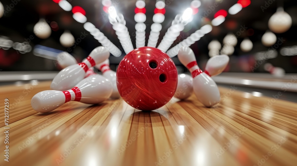 Close-Up Bowling Strike. Close-up view of a bowling ball striking down ...