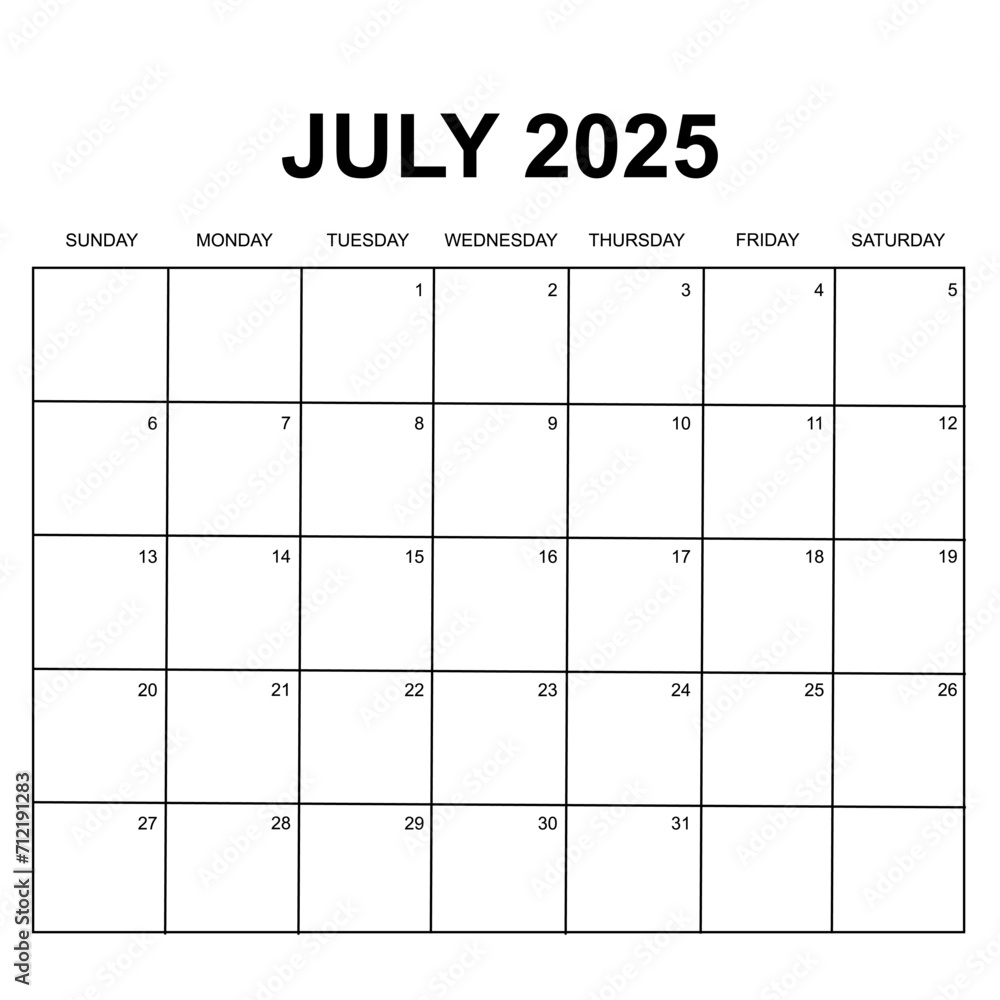 july 2025. Monthly calendar or planner design. week starts on Sunday ...