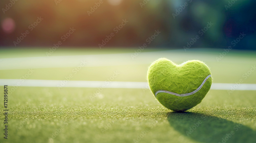 a heart shaped tennis ball on a tennis court background with copy space ...