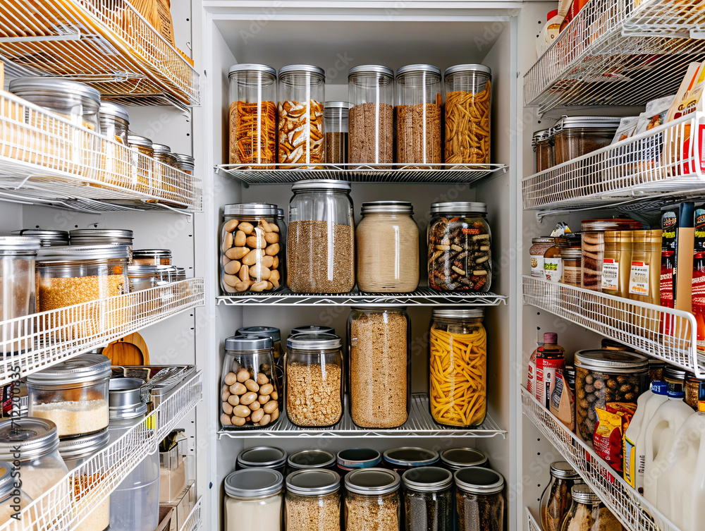 Organized pantry shelves with labeled jars and containers. Home ...