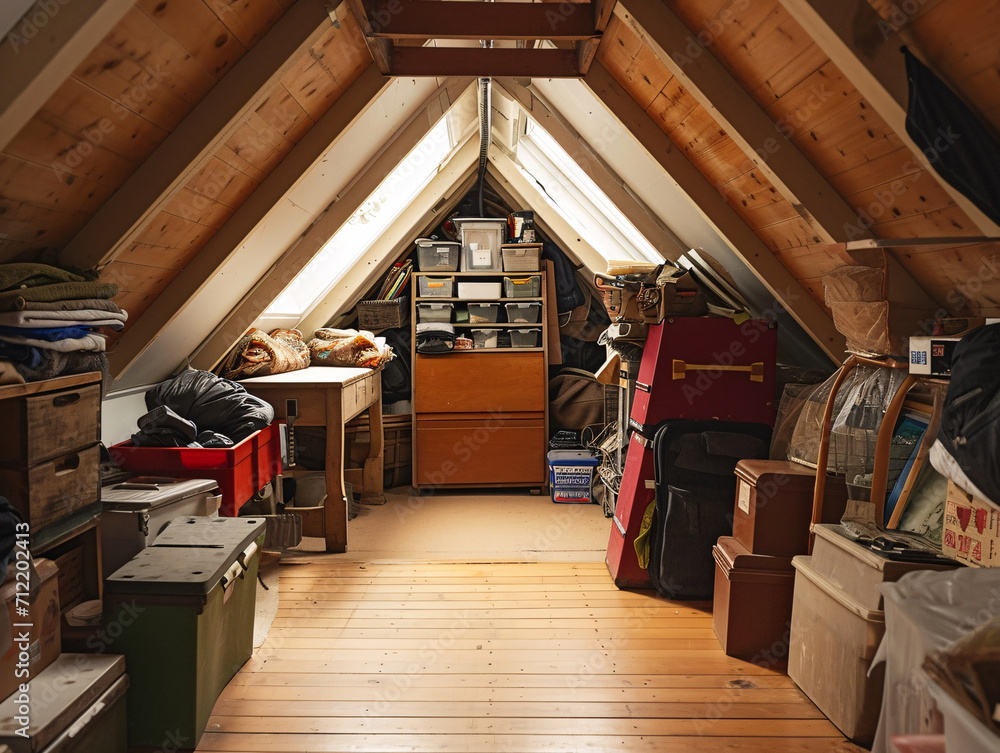 Neatly organized attic with personal belongings and storage boxes ...