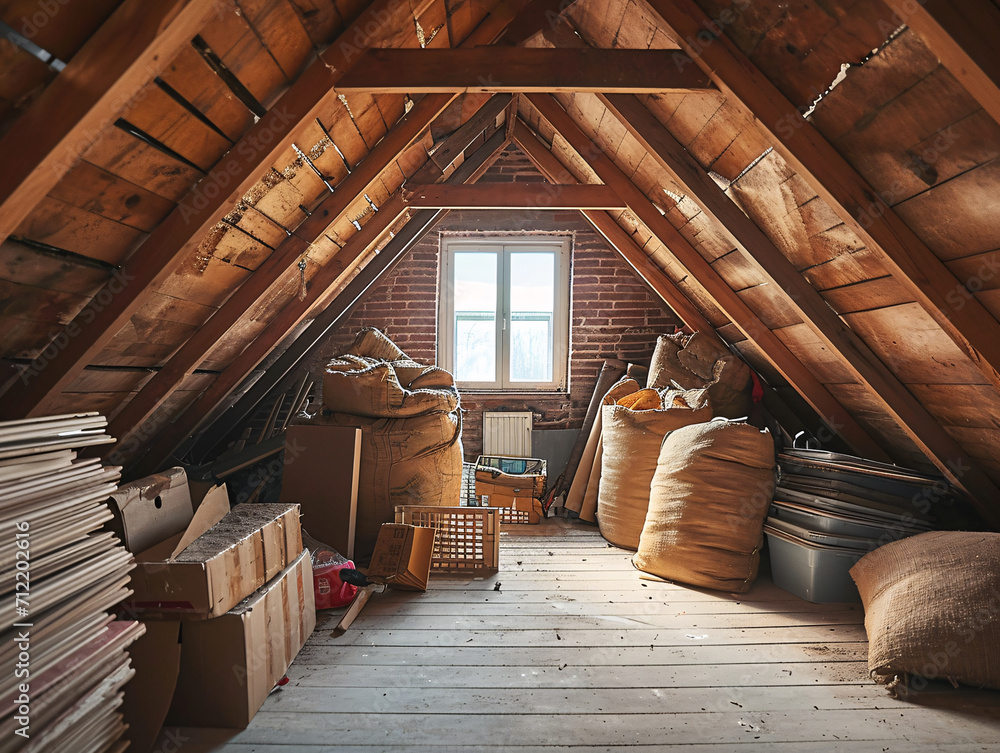 Cluttered attic with natural light and assorted items. Home storage and ...