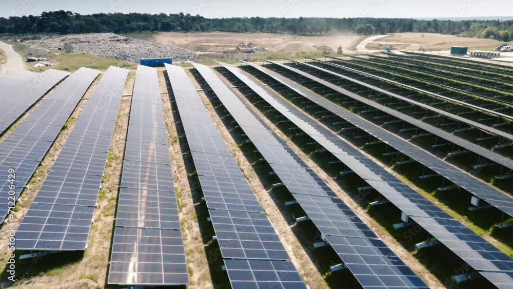 Wide shot of solar panels at low altitude, reflections of the sun on ...