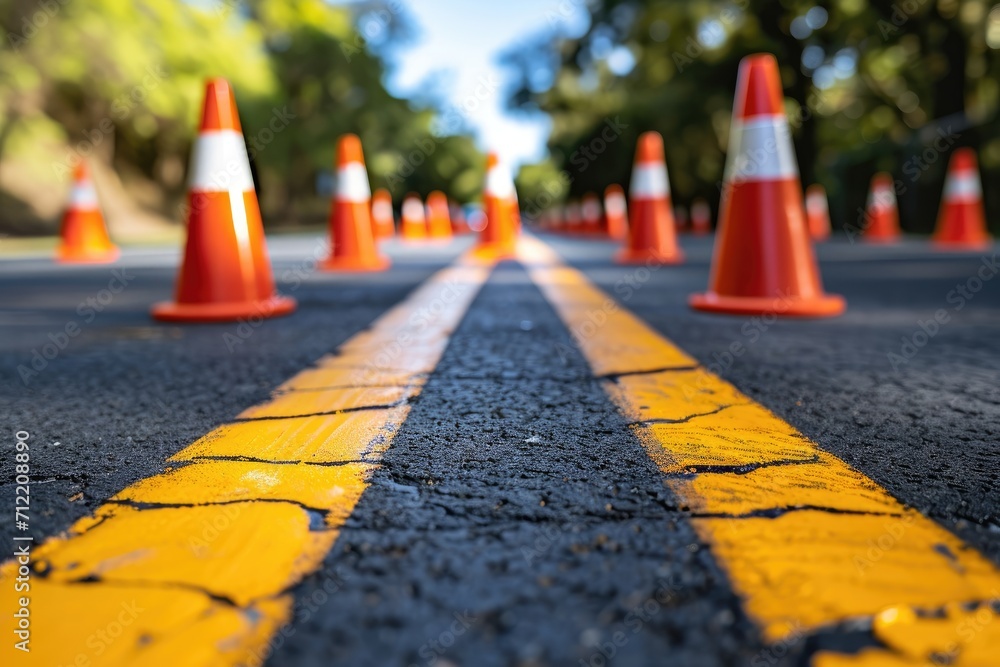 Newly painted road lines accompanied by orange cones Stock Photo ...