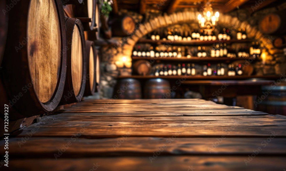 Warm ambient wine cellar with vintage wooden barrels stacked, a classic ...