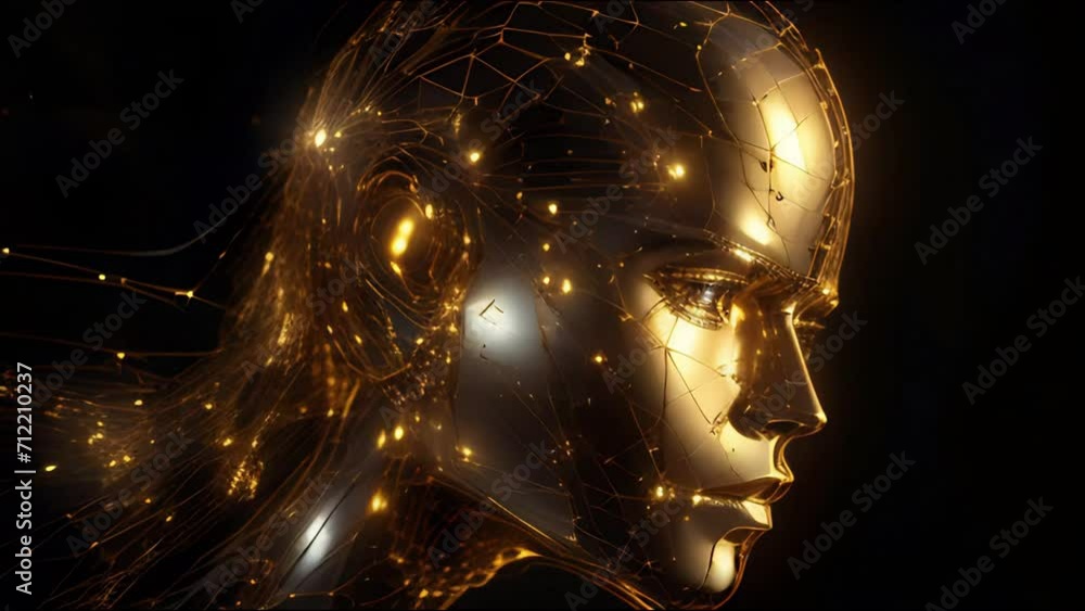 neon gold android with a human face on a black background. Technology ...