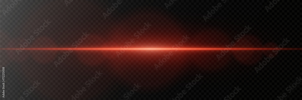 Red light flash strip. Glare of a laser beam. On a transparent ...