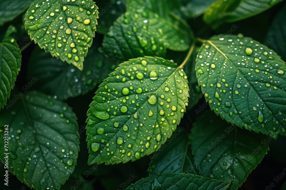 Lush Greenery Close-Up with Raindrops on Leaves. Generative AI. Stock ...
