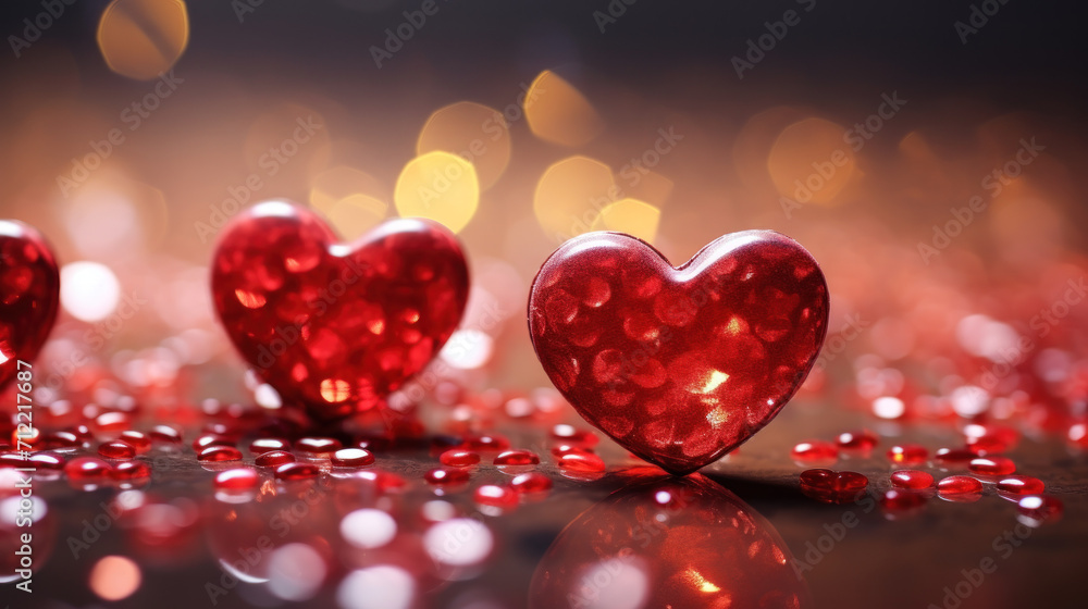 Romantic sparkling red hearts on a glittering background, conveying ...