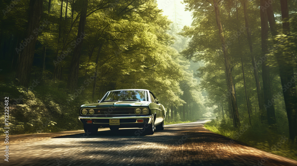 car in the forest. car driving along the road in a summer forest ...