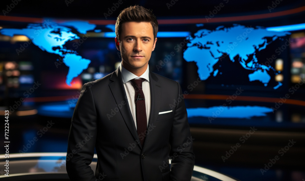 Confident male news anchor reporting live from the broadcasting studio ...