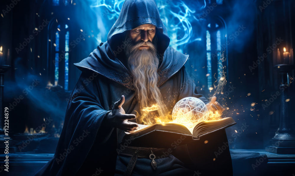 Mystical ancient wizard conjuring blue magical energy from an arcane ...