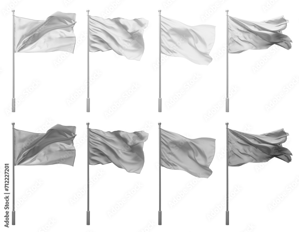 2 Collection set of white and light grey gray waving flying blank flag ...