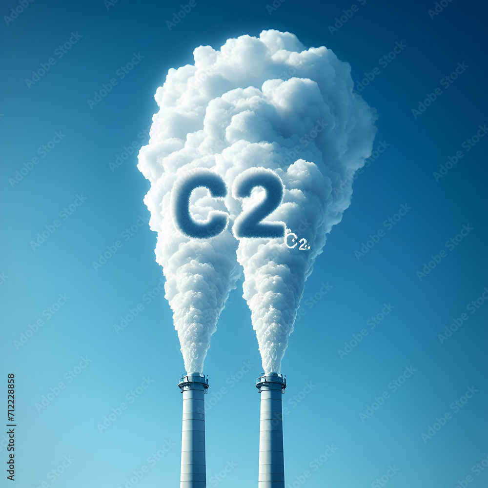 industrial chimneys emitting smoke that forms the chemical formula “CO2 ...