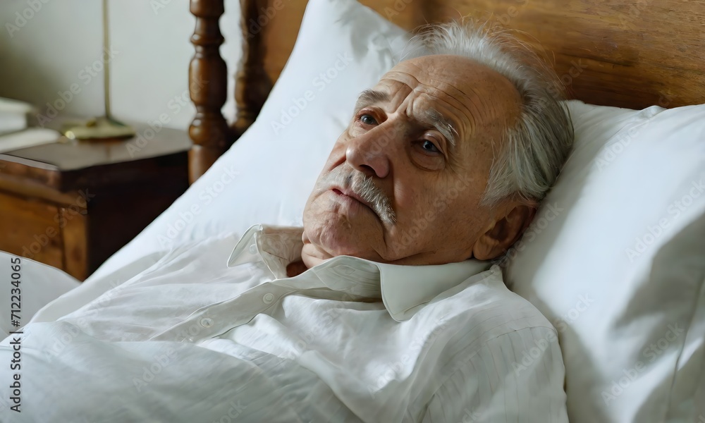 Elderly eighty plus year old man recovering in a hospital bed. Stock ...