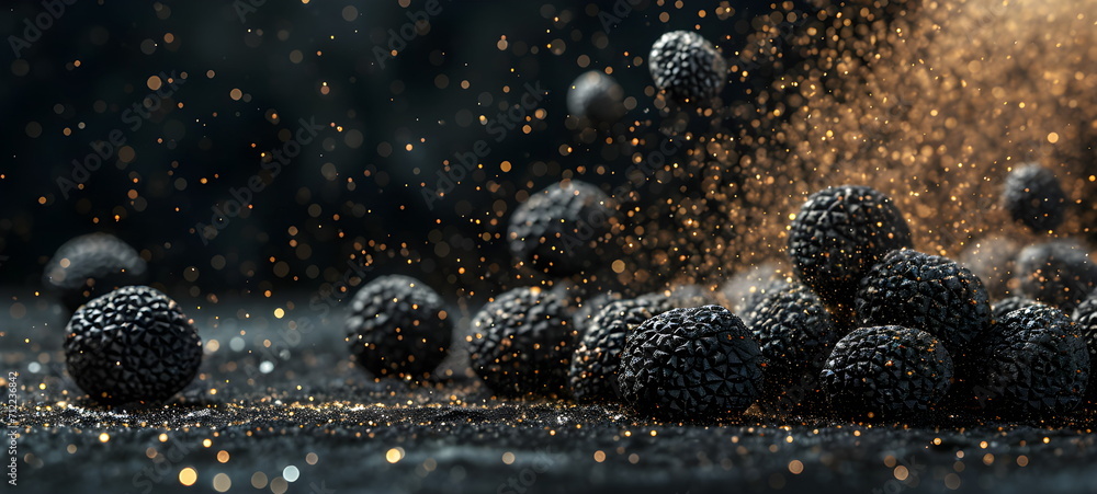 Specks of gold. Truffle under a ray of light on a black background ...