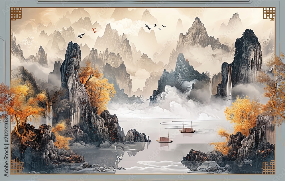 Silk painting landscape, Chinese wallpaper landscape, 3d wallpaper, in ...