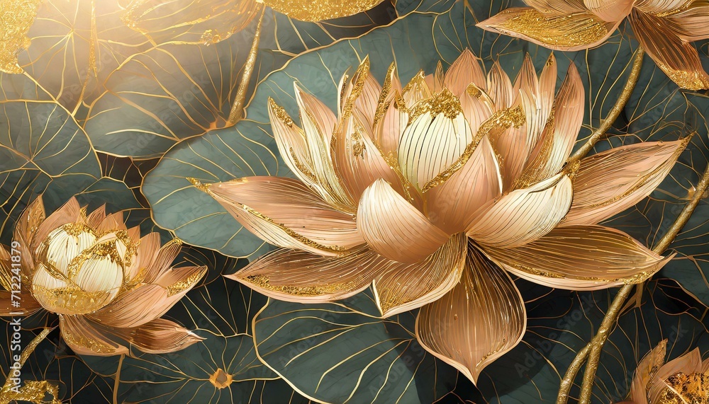 the beauty of lotus flowers meets the opulence of gold, creating a ...