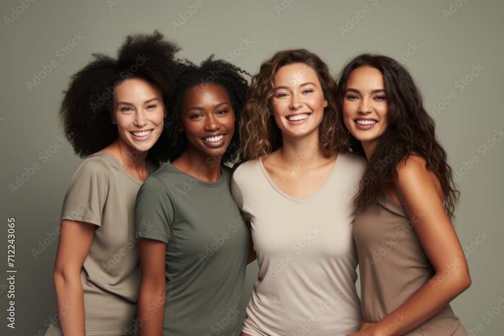Diverse models warm beige solid background athletes sure where smiling ...
