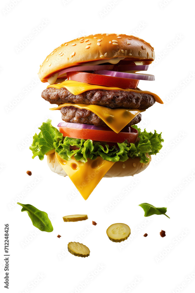 deconstructed falling cheeseburger with lettuce, tomatoes and pickles ...