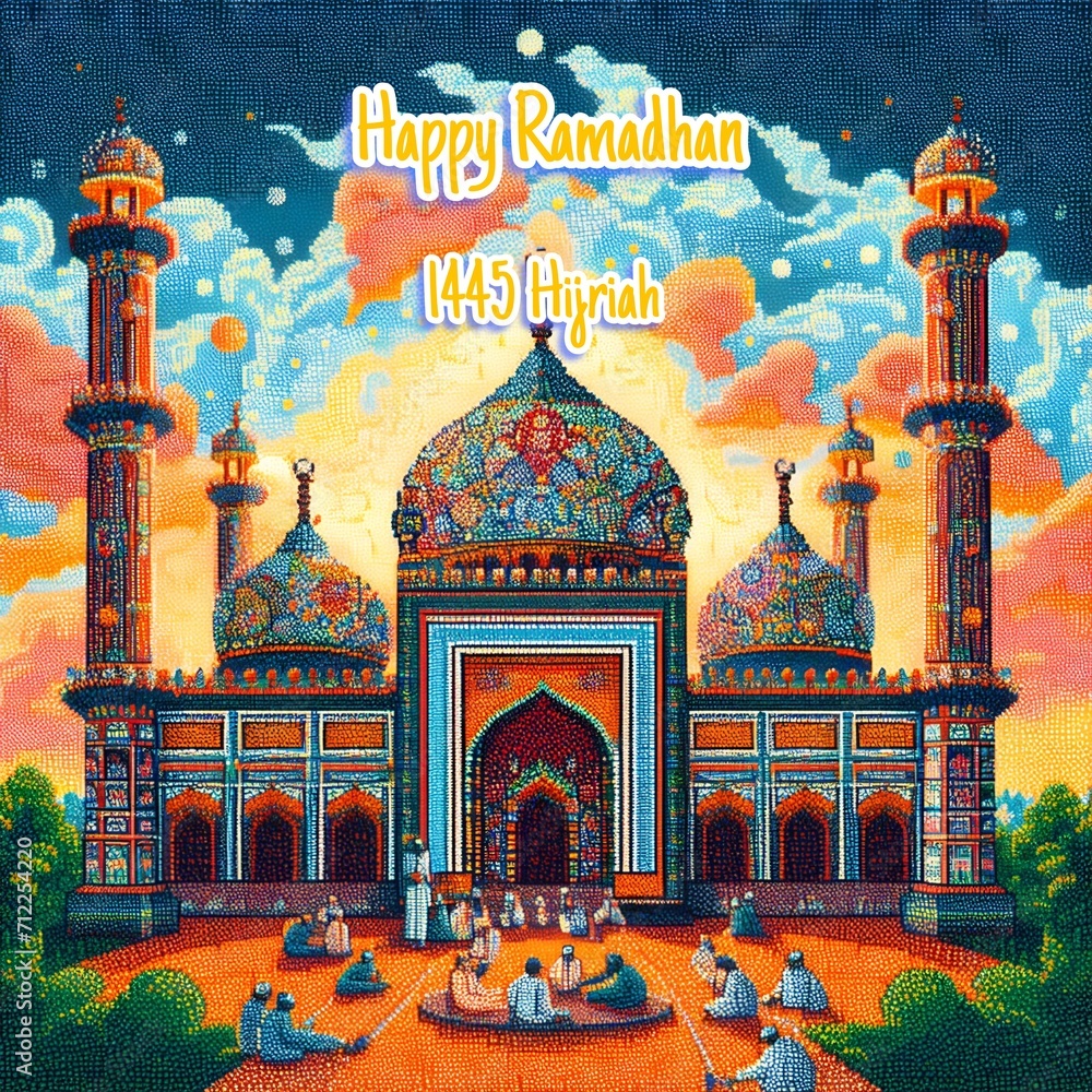 Happy Ramadhan 1445 Hijriah with background mosque pixel art Stock ...