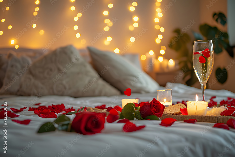 Romantik im Bett: Liebevolle Dekoration mit Rosenblättern, Sekt und ...