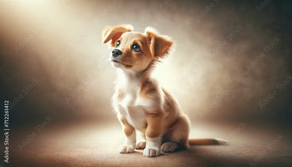 Hopeful and Attentive Tri-color Puppy with Warm Brown Eyes Sitting ...