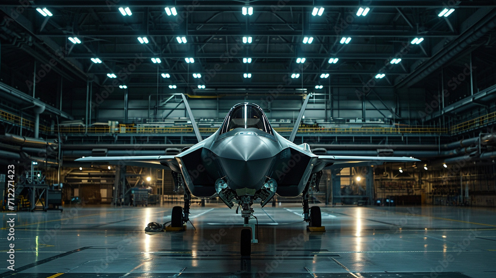 An F-35 aircraft in a hangar at the air base, on a black background ...