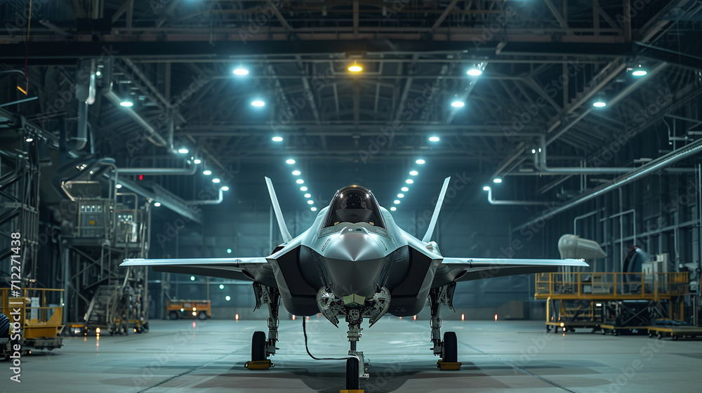 An F-35 aircraft in a hangar at the air base, on a black background ...