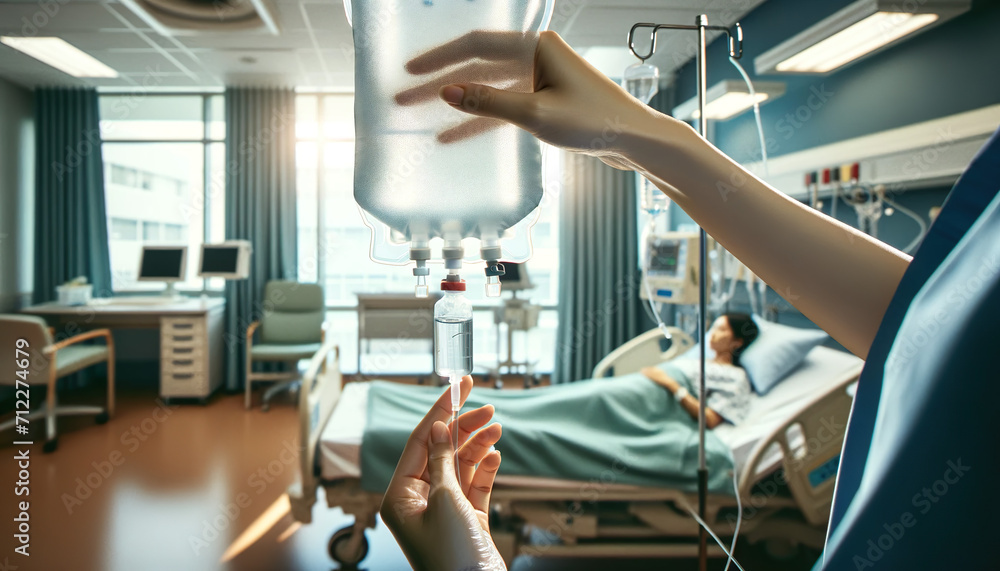 Female nurse adjusting an IV Drip inside a hospital. To set the drip ...