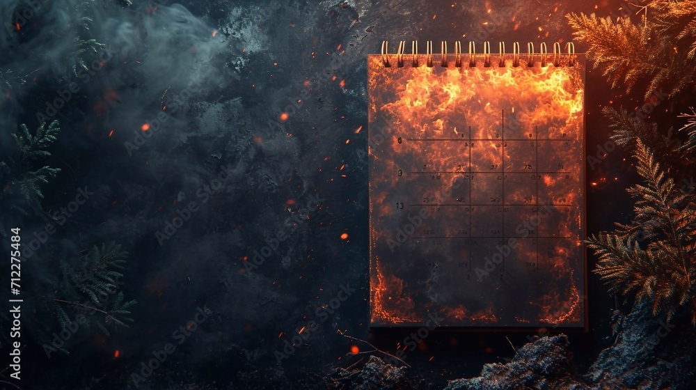 wall calendar sepated shits falling on fire on the corner on side, dark ...