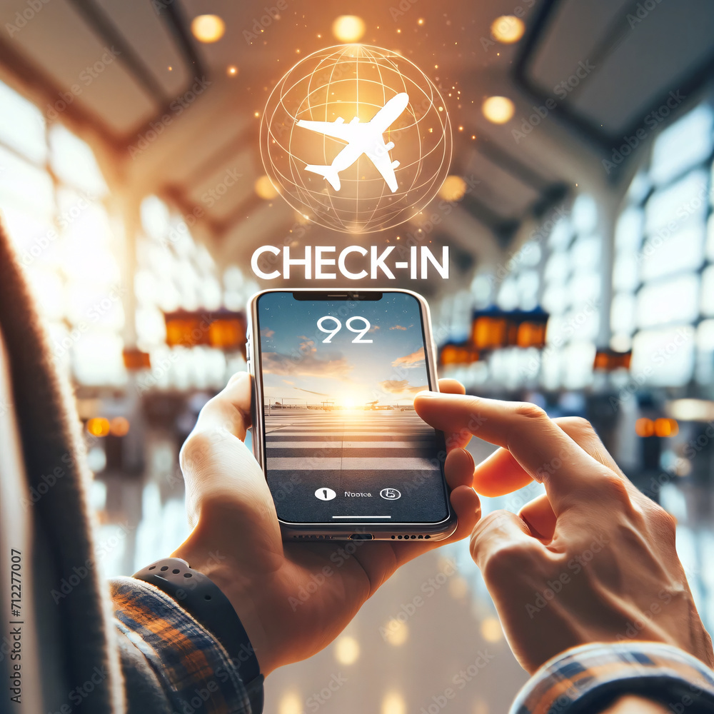 Traveler uses phone for airport check-in, with 'check-in' floating ...