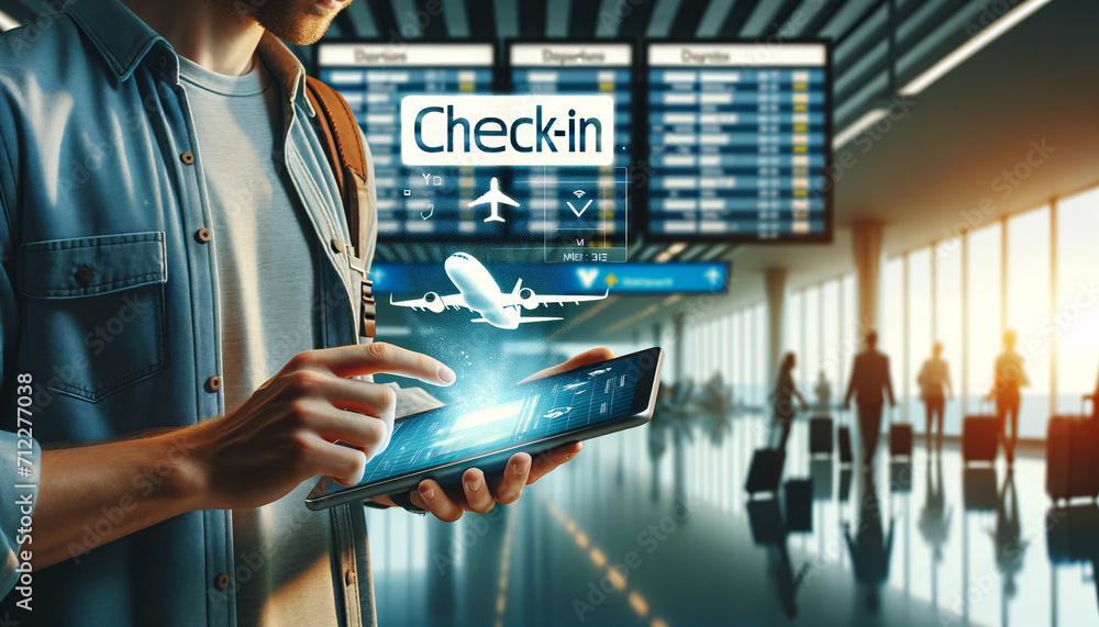 A traveler in a modern airport uses a tablet for easy check-in, with ...