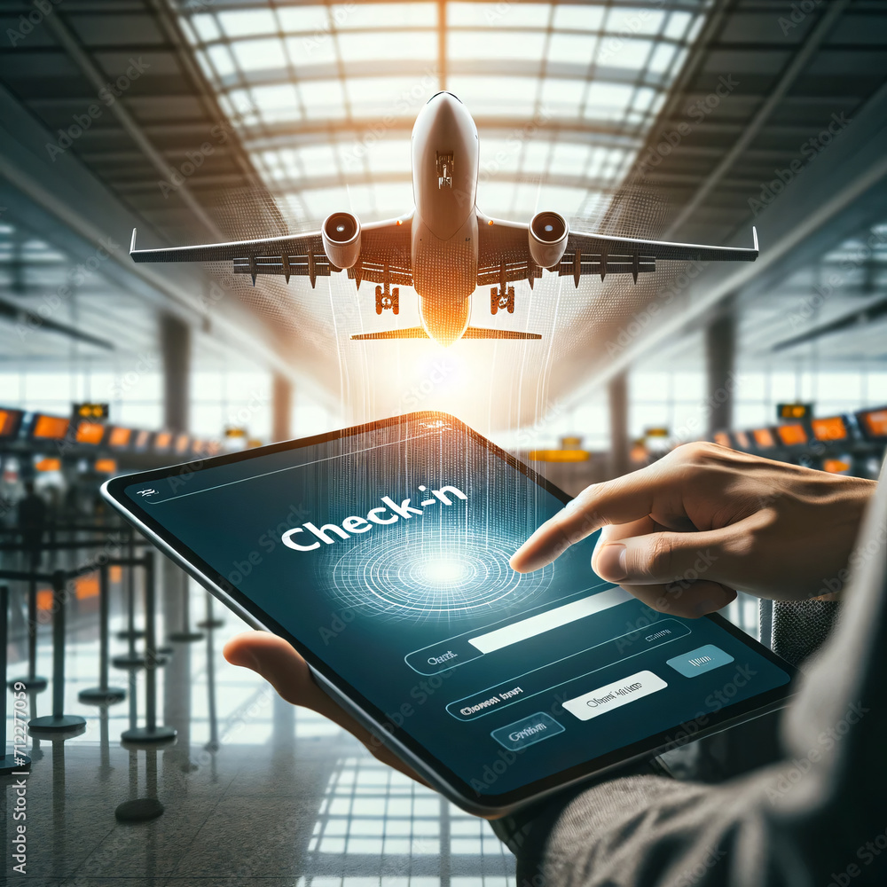 A traveler in a modern airport uses a tablet for easy check-in, with ...