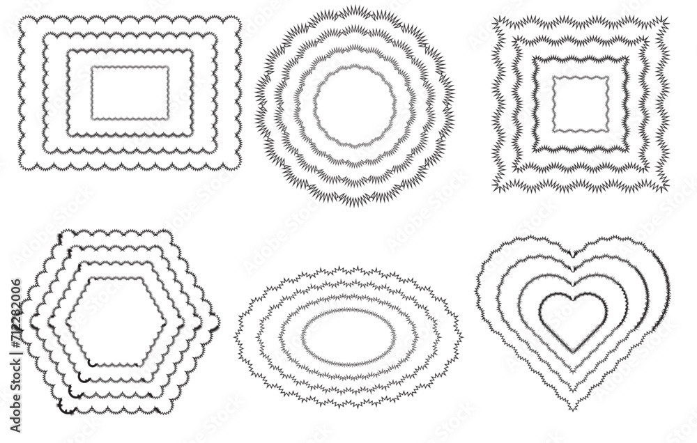 Set of Zigzag Edge line circle, Squares, oval, heart Grey Icon and ...