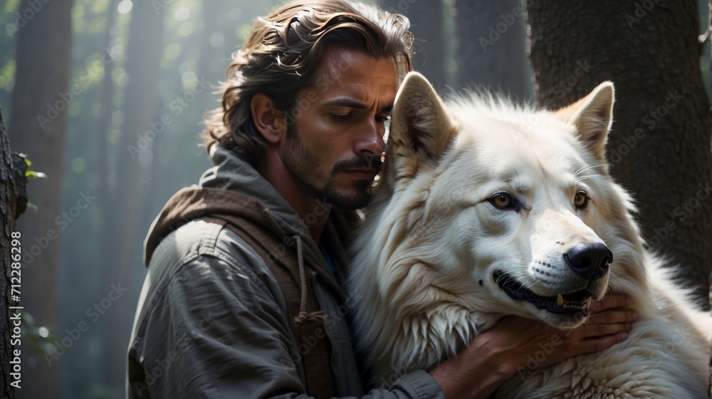 handsome man hugging a wild white wolf in the forest, The image shows ...