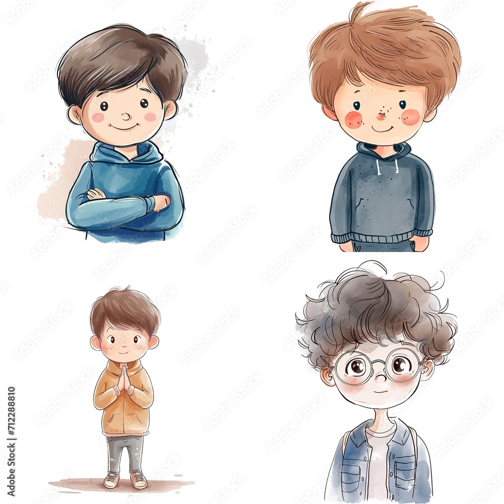 watercolor cartoon illustration collection set, cute boy smiling ...