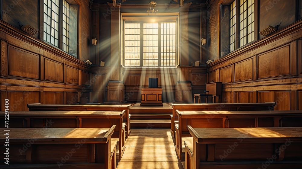 A panoramic shot of an American courtroom before a trial, highlighting ...