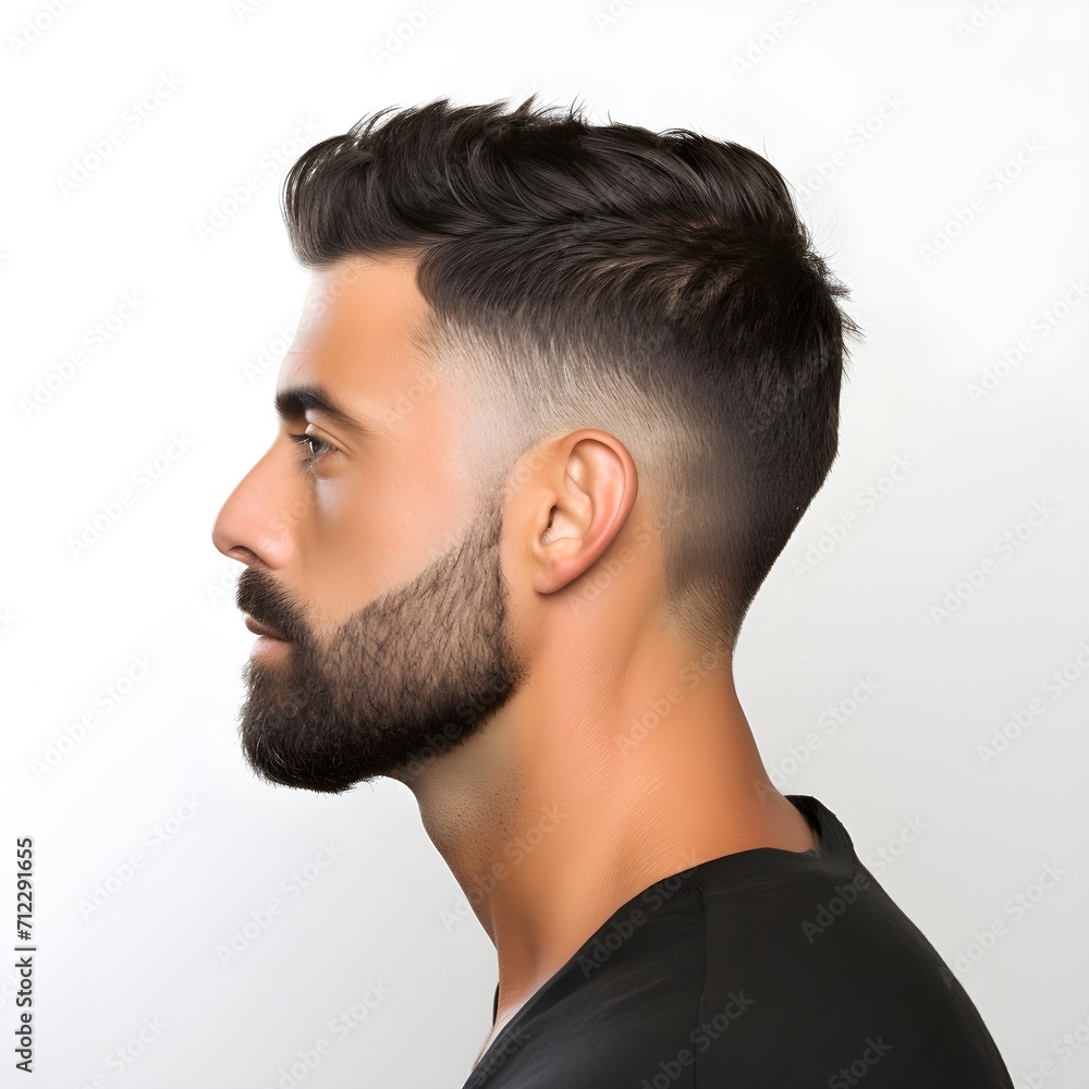 a male model with Caesar cut, side view isolated on a white background ...