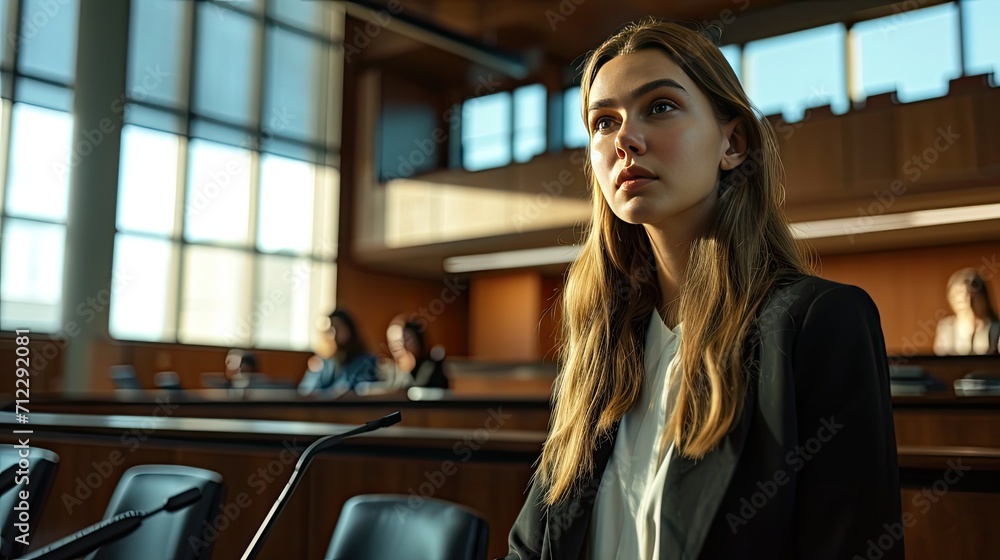 photo of a young, dynamic female prosecutor, eloquently presenting her ...