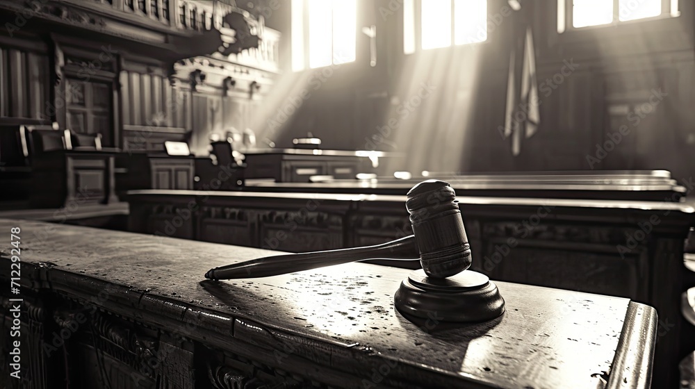 Wide-angle view of an empty American-style courtroom, showcasing the ...