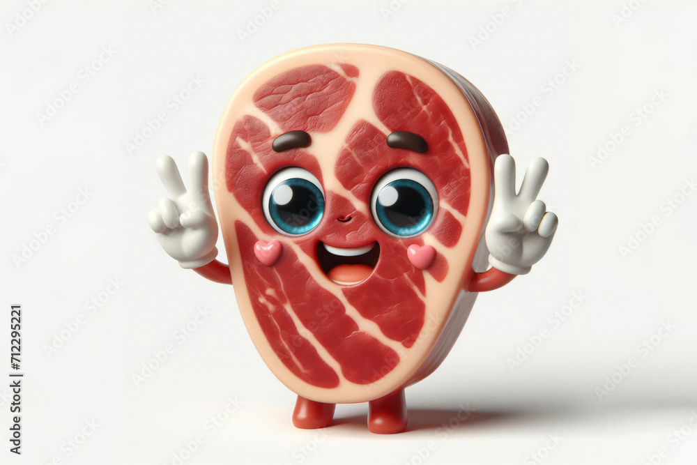 little cute happy steak 3d character with bulging eyes on solid a white ...
