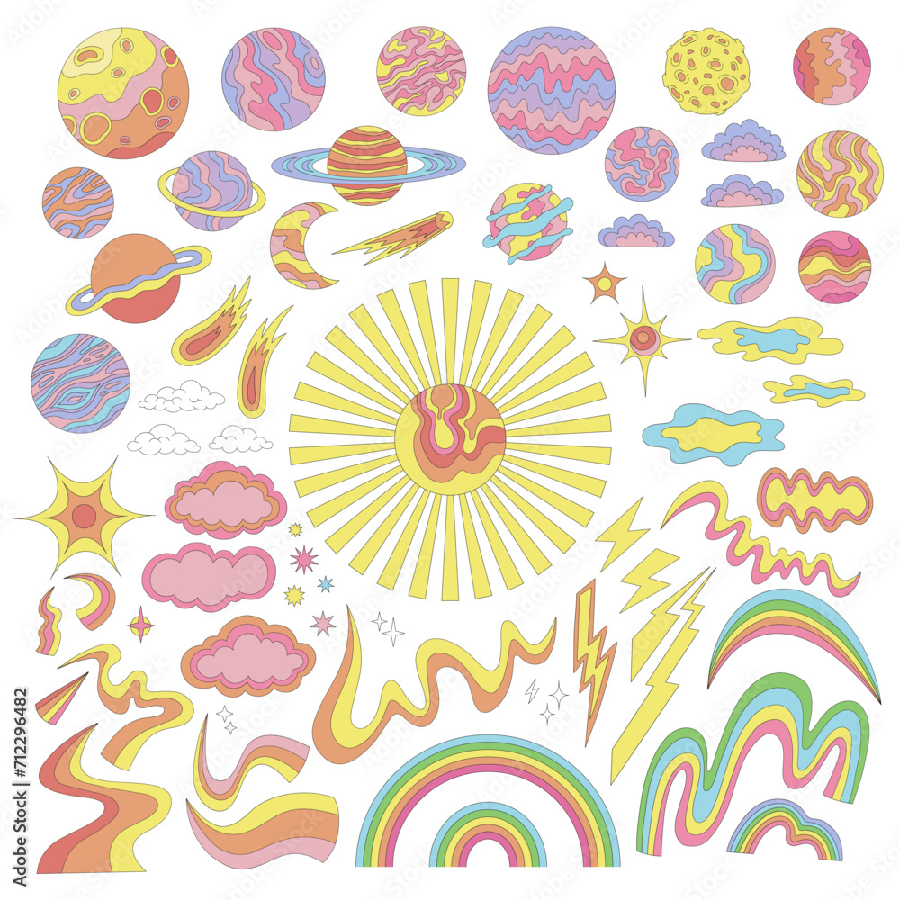 Groovy celestial elements sun planet rainbow comet moon star cloud ...