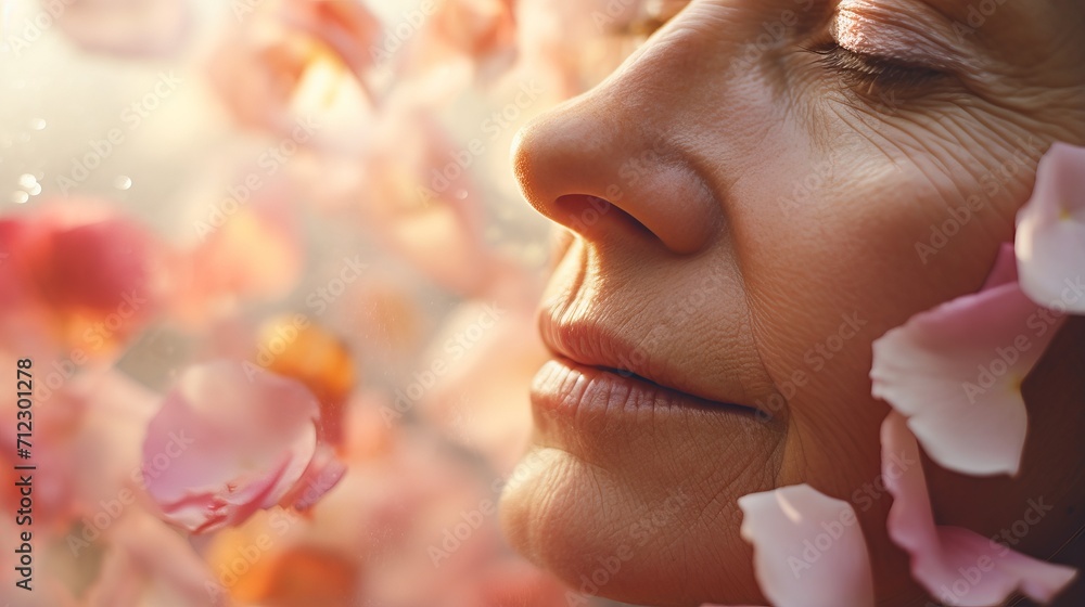 Rose petals delicately cascade onto middle aged woman face in close up ...