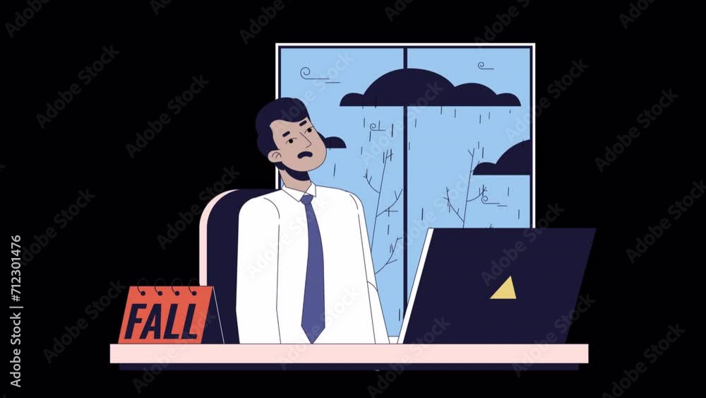 SAD fatigue workplace line cartoon animation. Seasonal affective ...