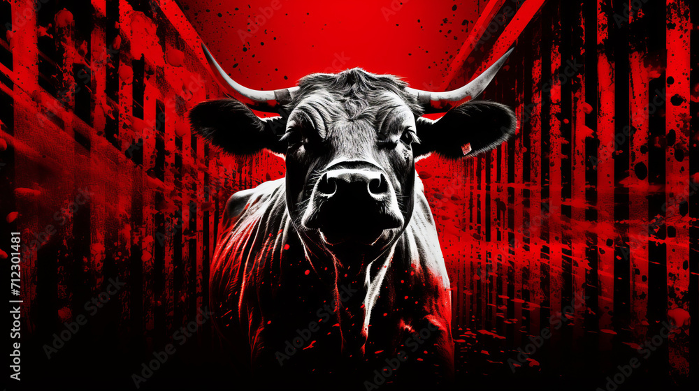 Sorrowful cow before slaughter against gruesome bloody backdrop in ...